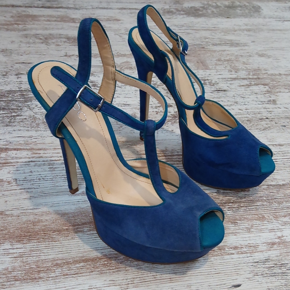 Aldo Blue Suede Platform Strap Open Toe Heels - Gem